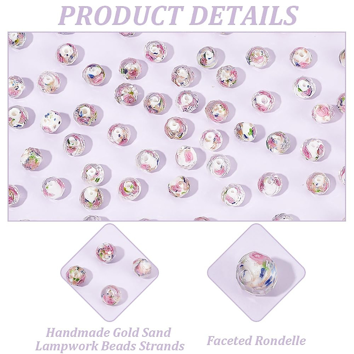 PH PandaHall 60pcs 9~10mm Rose Lampwork Beads Gold Sand Glass Beads Handmade Flower Glass Beads Round Loose Beads for Rosary Making Jewelry Craft Making with 1.5~2mm Hole - White