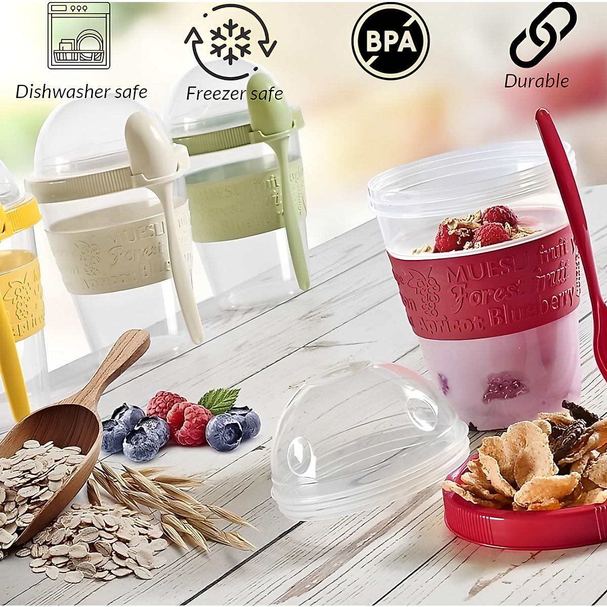 20 OZ Overnight Oats Container With Lid and Fruit Peeler, Meal Prep, Parfait Cups, Plastic Storage With Lids, Salad for Lunch, Yogurt,Crunch Cup,Colorful Set of 2 & Blue Fruit Peeler