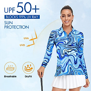 Long Sleeve Golf Shirts for Women UPF50+ Sun Protection Loose Fitting Workout Tops 1/4 Zip Up Fast Dry Lightweight Moisture Wicking Tennis Yoga Athletic Shirt Marble Printed Blue Wave, XX-Large