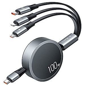 CAFELE 100W 3in1 Multi Charging Cable [Travel Essential] USB C to Retractable Phone Charger, Multiple Charging Cord with Type C/Micro USB/IP for Samsung S23 S22 S21, Phone 14 13 12, Pad Pro, Mac, 4ft