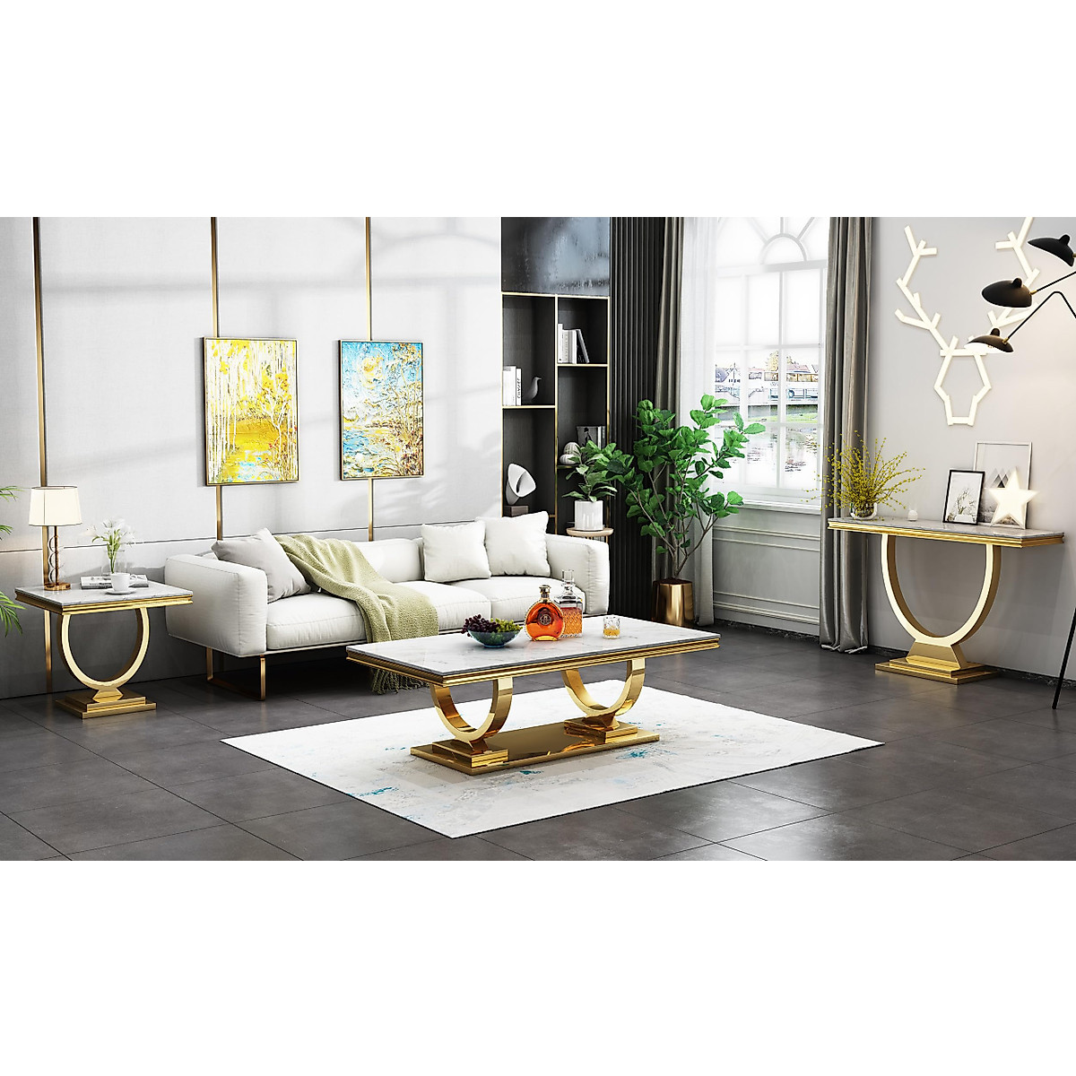 SSLine Modern White Faux Marble End Table Luxury Square Sofa Side Table with Gold Pedestal Base Mid-Century Elegant Bedside Table w/Mirrored Stainless Steel Frame Legs for Living Room Bedroom