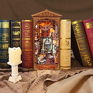 Book Nook Kit, DIY 3D Bookshelf Insert Decor, Wooden Puzzle Dollhouse with Sensor LED Light, Bookend Building Set for Teens Adults - Magic Book House