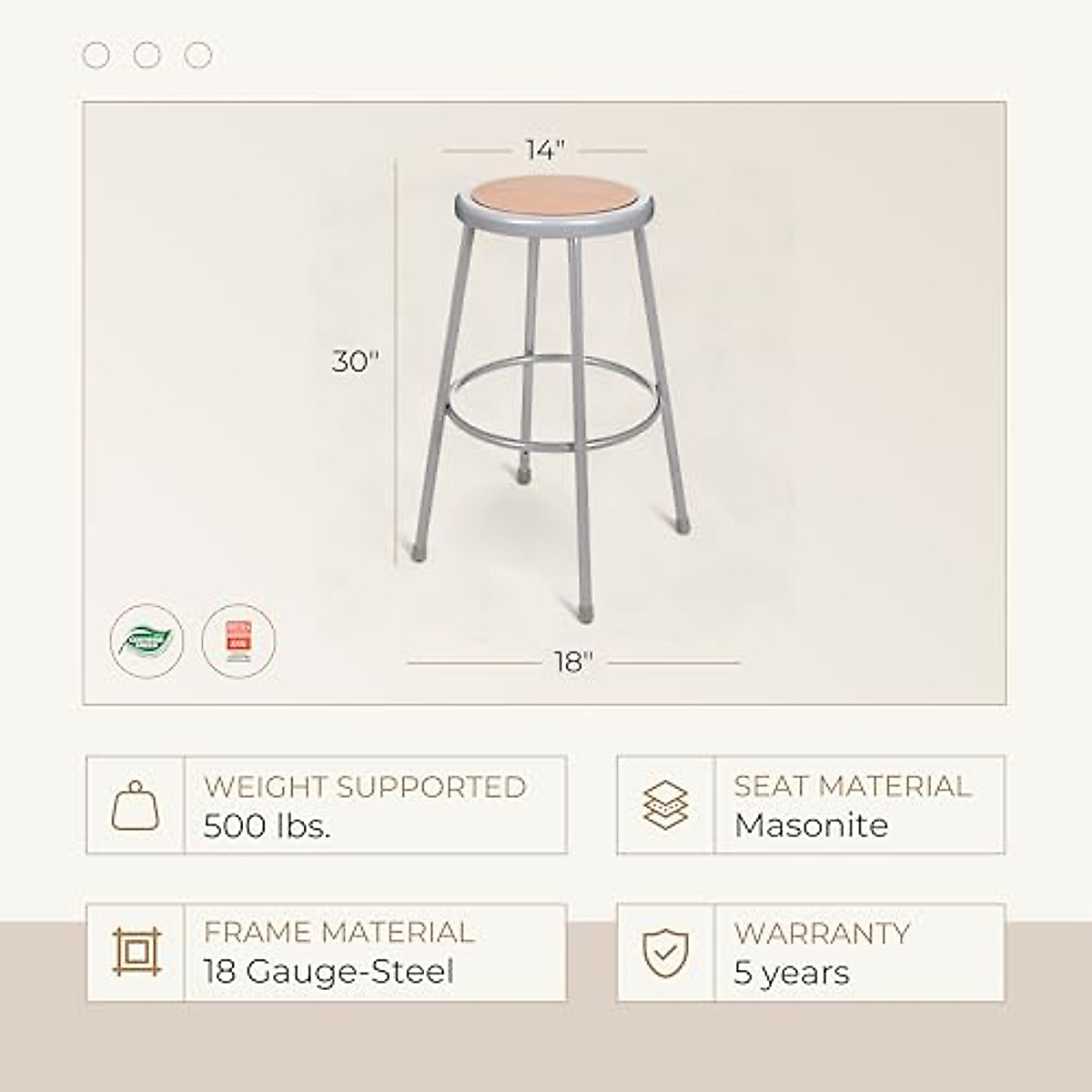 OEF Furnishings (2 Pack) Steel Stools, Grey, 30" High, No Assembly Required