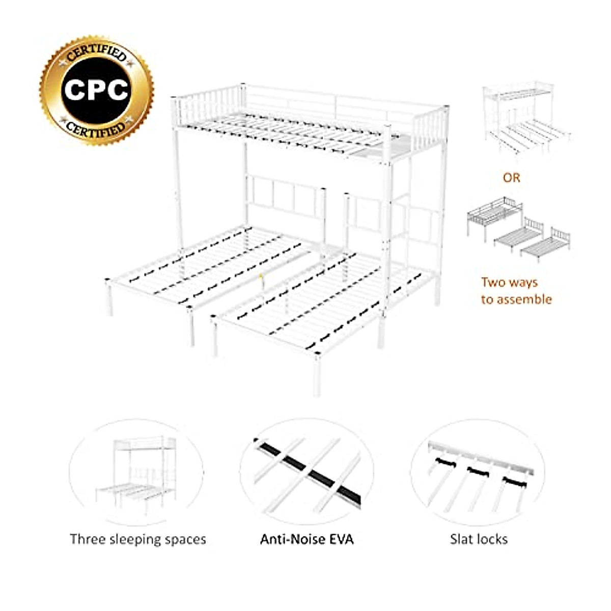 DEYOBED Twin Over Twin&Twin Metal Detachable Triple Bed Bunk Bed with Headboard for 3 Kids Teens