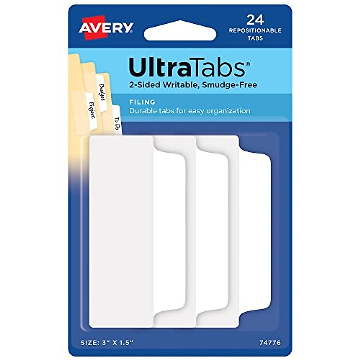 Avery Ultra Tabs, 3" x 1.5", 2-Side Writable, White, 24 Repositionable Filing Tabs (74776) & Avery Ultra Tabs, 2.5" x 1", 2-Side Writable, Pink/Green/Orange, 24 Repositionable Margin Tabs (74767)