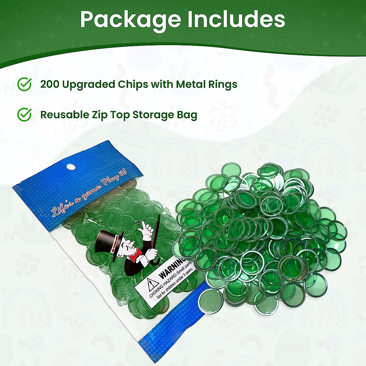 MR CHIPS Magnetic Bingo Chips with Metal Ring 3/4 Inch 200 Upgraded Pieces Green Transparent - Available in 7 Colors A Reusable Storage Bag