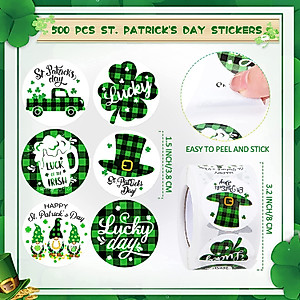 500 Pieces St. Patrick's Day Stickers Irish Shamrock Lucky Clover Stickers Round Irish Self Adhesive Tag Seals Labels for St. Patrick's Day Party Bags Boxes Wrap Cards Bottles Envelopes, 1.5 Inch