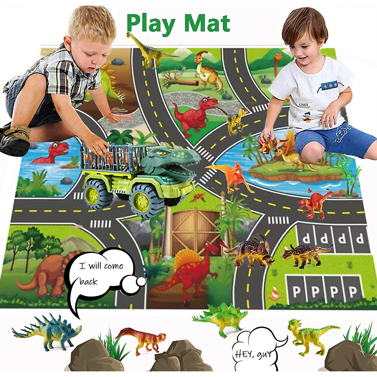 Dinosaur Transport Truck Boy Toys Car Carrier Train with 15PCS Dinosaurs 2 Crane Transport Toys for 3 4 5 6 7 Year Old Boys Girls Kids, Waterproof Mat Activity Playset (Dino Truck)