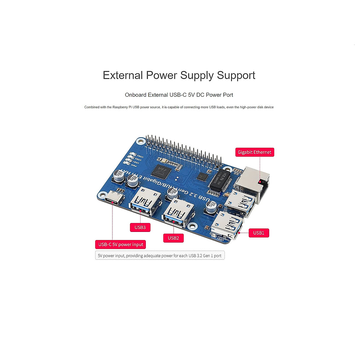 waveshare USB 3.2 Gen1 and Gigabit Ethernet HUB HAT for Raspberry Pi 4 B 3 B+ 3 B 2B Zero Zero 2 W Zero WH,3X USB 3.2 Gen1 Ports, 1x Gigabit Ethernet Port,Compatible with USB 3.0/2.0/1.1