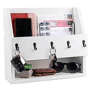 Ilyapa Key and Mail Holder for Wall - Mail Organizer Wall Mount with Shelf - Rustic White Wooden Decorative Wall Key Holder with 5 Metal Hooks | American Family-Owned Business