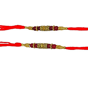 ZYRENA Rakhi for Brother Bhaiya Bhabhi, Gift Rakhi for Family, Raksha Bandhan Festival Rakhi for Bhaiya and Bhabhi, Stone Rings with Red Beads and Golden Rings Rakhi Thread, Pack of 2