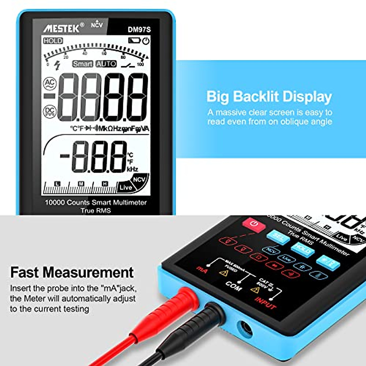 Digital Multimeter Tester MESTEK Smart Voltmeter NCV Testing Auto Range Voltage Tester Measures AC DC Current Volt Ohm Amp Temperature for Electrical Testing & Automotive