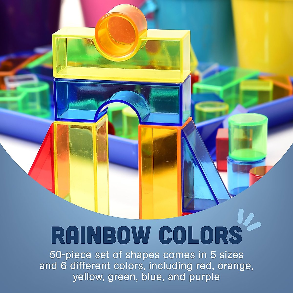 Constructive Playthings Translucent Color Building Blocks, Light Table Manipulatives, 3D Shapes for Teaching Color and Math, 50-Piece Playset, Toddler Toys for 12 Months & Up