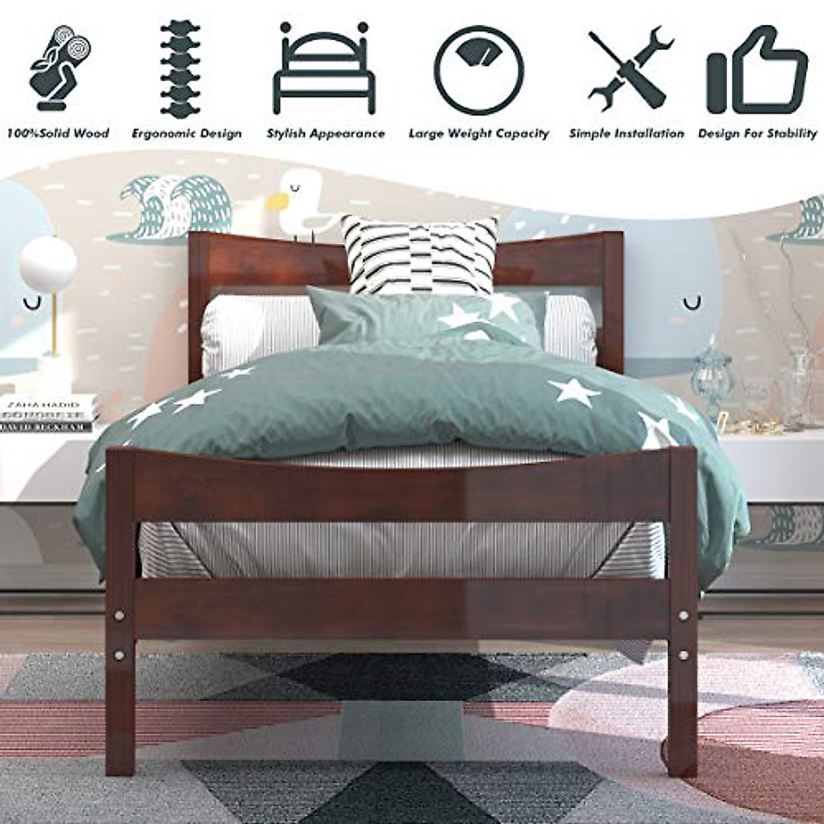 Giantex Wood Bed Frame Twin Size, Rustic Style Platform Bed w/Headboard & Footboard, Solid Wood Slat Support, No Box Spring Needed, Panel Bed Mattress Foundation for Kids (Walnut)
