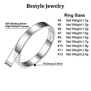 Bestyle 3mm Wide Sterling Silver Band Rings for Women Men Minimalist Knuckle Finger Ring, Dome Style Dainity Rings for Promise/Engagment/Wedding/Anniversary, Size 12