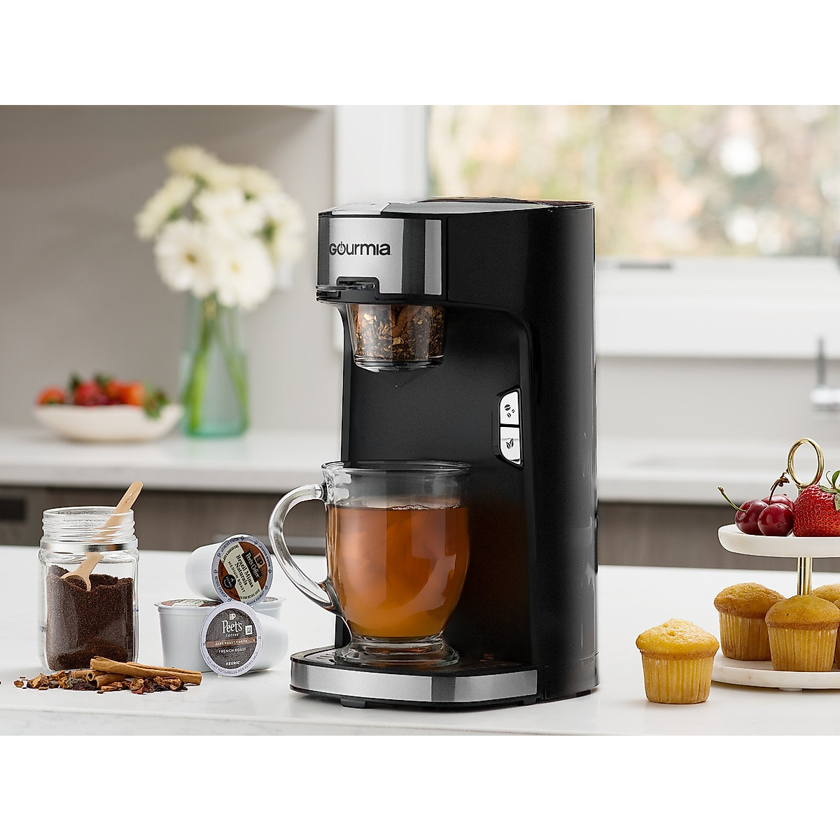 Gourmia GCM3600 3 in 1 Coffee & Tea Maker -K-Cup Pod, Loose Leaf Tea & Ground Coffee Compatible -Single Serve Machine -Automatic -Removable Filters & Adapters -16 oz Water Reservoir -1300W -Black
