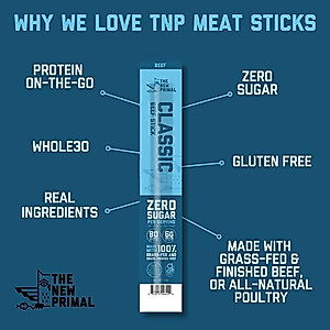 The New Primal Grass Fed Beef Sticks, Keto, Gluten Free Healthy Snacks, Sugar Free Low Carb High Protein Snack, Jerky Meat Stick, 6g Protein, 20 Ct