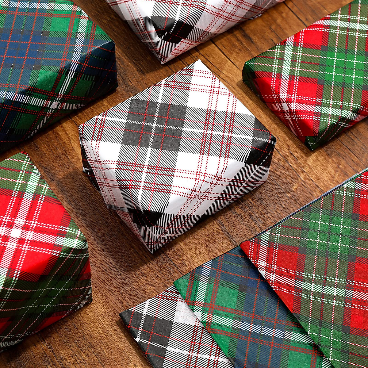 Whaline Christmas Tissue Paper Buffalo Plaid Wrapping Paper Blue Red Green White Black Gift Wrapping Tissue Paper Rustic Art Paper Crafts for Home DIY Gift Bags New Year Decor, 90 Sheets