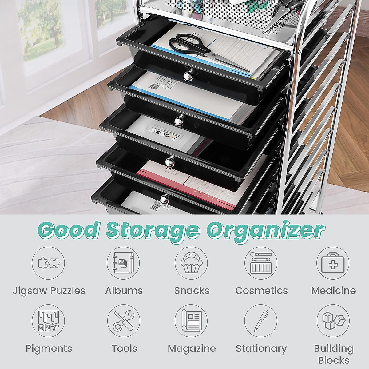 Byroce 10 Tier Drawer Rolling Storage Cart, Tools Scrapbook Paper Organizer Trolley with 360° Rotating Wheels and PP Drawers, Sturdy Metal Frame, Unity Storage Cart for Home, School, Office (Black)