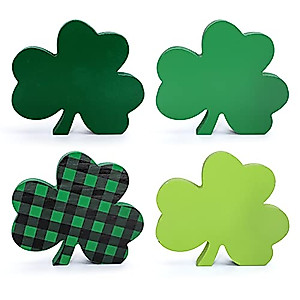 Whaline 4Pcs St. Patrick's Day Wooden Signs Green Plaid Shamrock Table Ornament Lucky Clover Shape Table Centerpieces Irish Holiday Decorative Table Centerpieces for Home Fireplace Tiered Tray Decor
