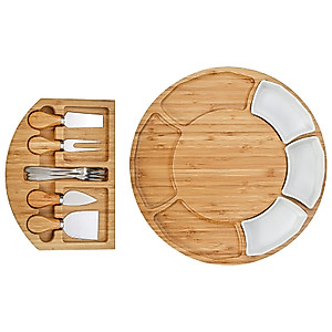 ZENFUN 13 Inch Bamboo Cheese Board and Knife Set, Round Charcuterie Boards with Bowls, Cheese Cutting Platter Serving Tray for Housewarming, Party, Picnic, 13” x 1.5”