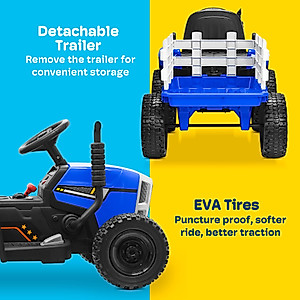 Kidzone 12V 7AH Premium Version with EVA Treaded Tires Dual 35W Motors Boost Power Torque Remote Control Powered Electric Tractor with Trailer Toddler Ride On Toy 3-Gear-Shift, 7-LED Lights, MP3