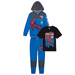 Marvel Spider-Man Boys 3-Piece Fleece Pants Sets, Spiderman Zip-Up Hoodies, T-Shirts, and Pants Sets for Boys (Peter Parker Blue, 8)