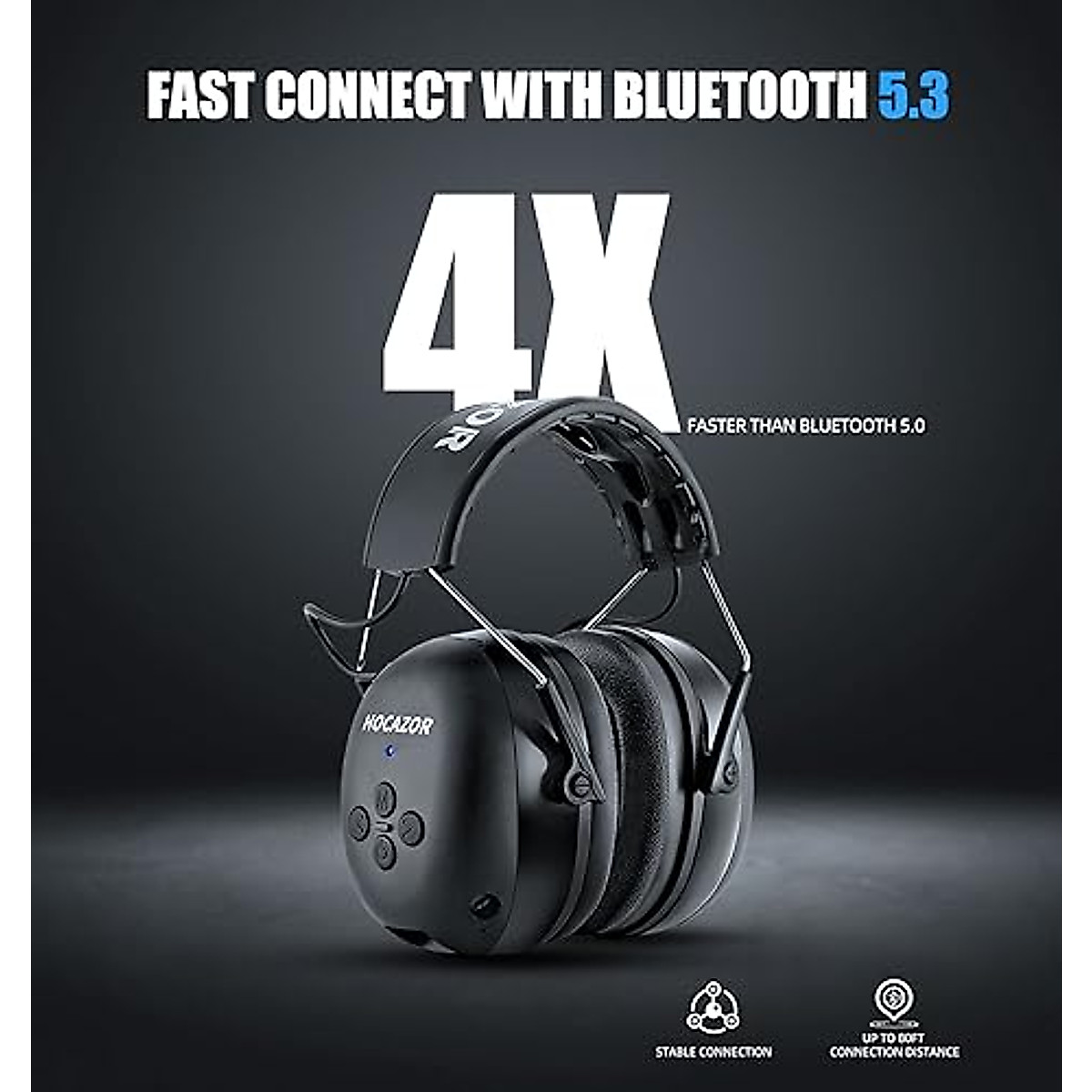 Hocazor HZ07 Upgrade Bluetooth 5.3 Hearing Protection - NRR 25dB Noise Cancelling Earmuffs 40 Hours+ Playing Time with 1500mAh Rechargeable Battery for Mowing, Workshops, Black