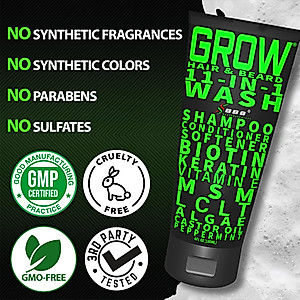 GROW Hair & Beard 11-in-1 Wash: Shampoo, Conditioner Softener, Biotin, Castor Oil, Peppermint Essential Oil, Vitamin E, MSM, Keratin, Algae, LCLT - Supports Healthy Growth - Vegan - BBS USA Product