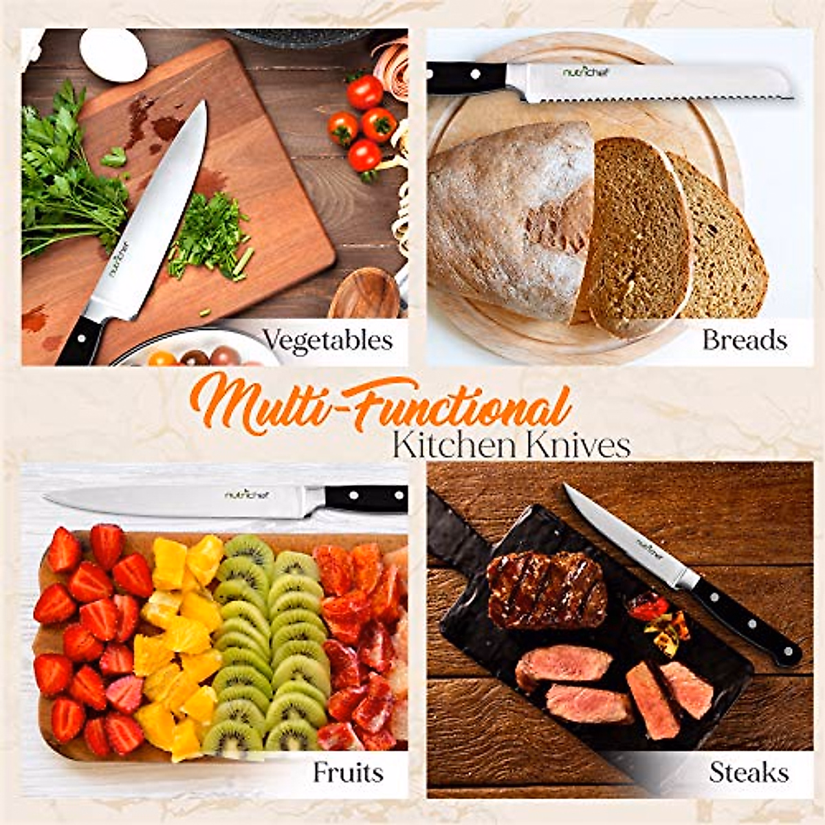 NutriChef 13 Piece Kitchen Knife Set - German Stainless Steel Kitchen Precision Knives Set w/ 6 Steak Knives & Bonus Scissors, Wooden Block Stand w/ Sharpener - Slicing, Chopping, Dicing - NCKNS13