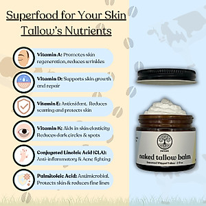 Handmade NAKED TALLOW BALM | 1 Ingredient - 100% Grass Fed Tallow | Whole Body & Face | Whipped & UNSCENTED for Sensititve Dry Skin, Babies, Eczema, Psoriasis, Rosacea (2oz)