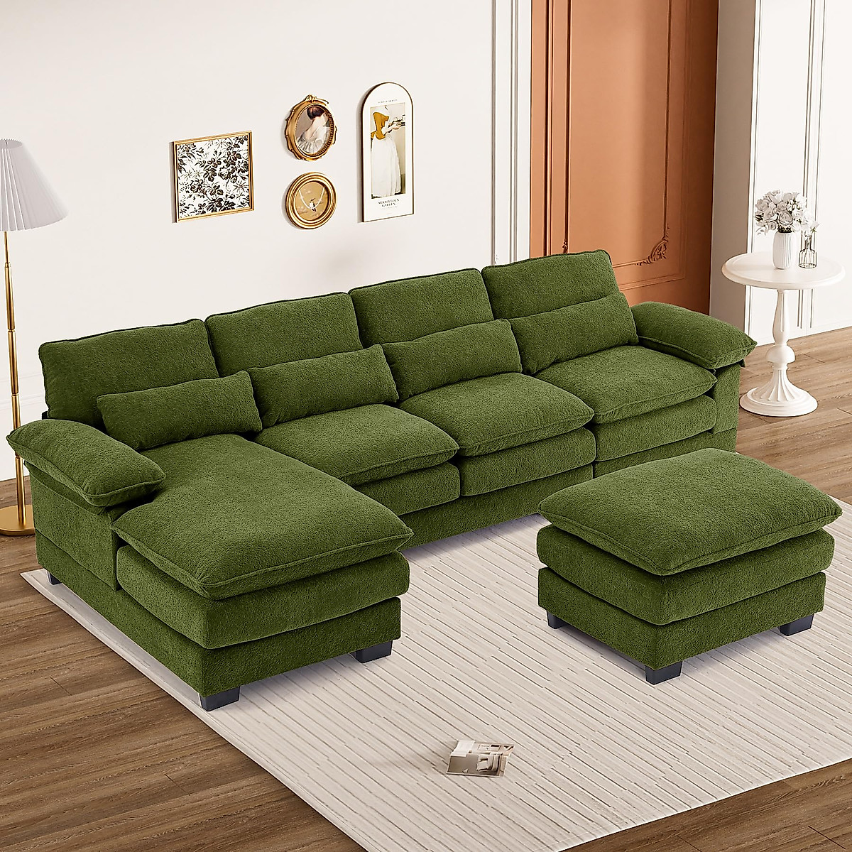 Nolohoo U Shape Sectional Sofa Cloud Couch for Living Room, 114" Comfy Chenille Modular Deep Seat Sofa, Modern 4 Seat Large Fluffy Couch with Lounge Chaise Ottoman Pillows, Emerald Green