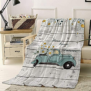 Truck Daisy Flower Throw Blanket 50" x 60", Lightweight Soft Bed Blanket for Bedroom Living Rooms, Cozy Fleece Comfy Microfiber Throw Blankets for Couch Sofa, Wild Floral Fresh Design Farmhouse Plank
