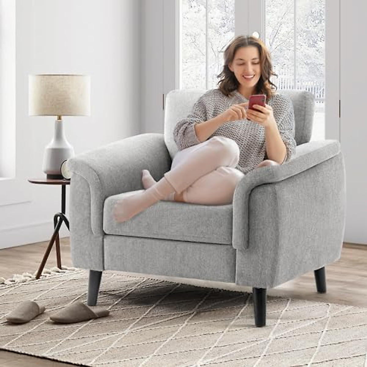 ELUCHANG Oversized Accent Chair, Linen Fabric Mid Century Modern Chair with Solid Wood Frame & Soft Cushion, Comfy Upholstered Armchair Reading Chairs for Living Room, Small Spaces, Light Gray, 2PCS