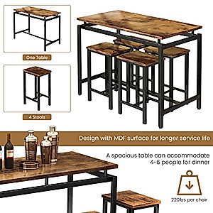 Recaceik Bar Table Set, 5 Pcs Dining Table Set, Modern Kitchen Table and Chairs for 4, Pub Table Set Farmhouse Counter Height Wood Top for Breakfast Living Room Small Space