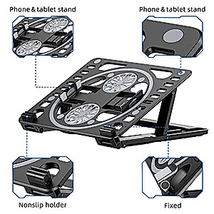Laptop Cooling Pad, Portable 10-17 Inch Laptop Stand with 2 Rotate Led Fans, Elevator 6 Angle Adjustable Laptop Cooler with Phone, Tablet, Laptop Notebooks Stand Gifts for Men Boys, Black