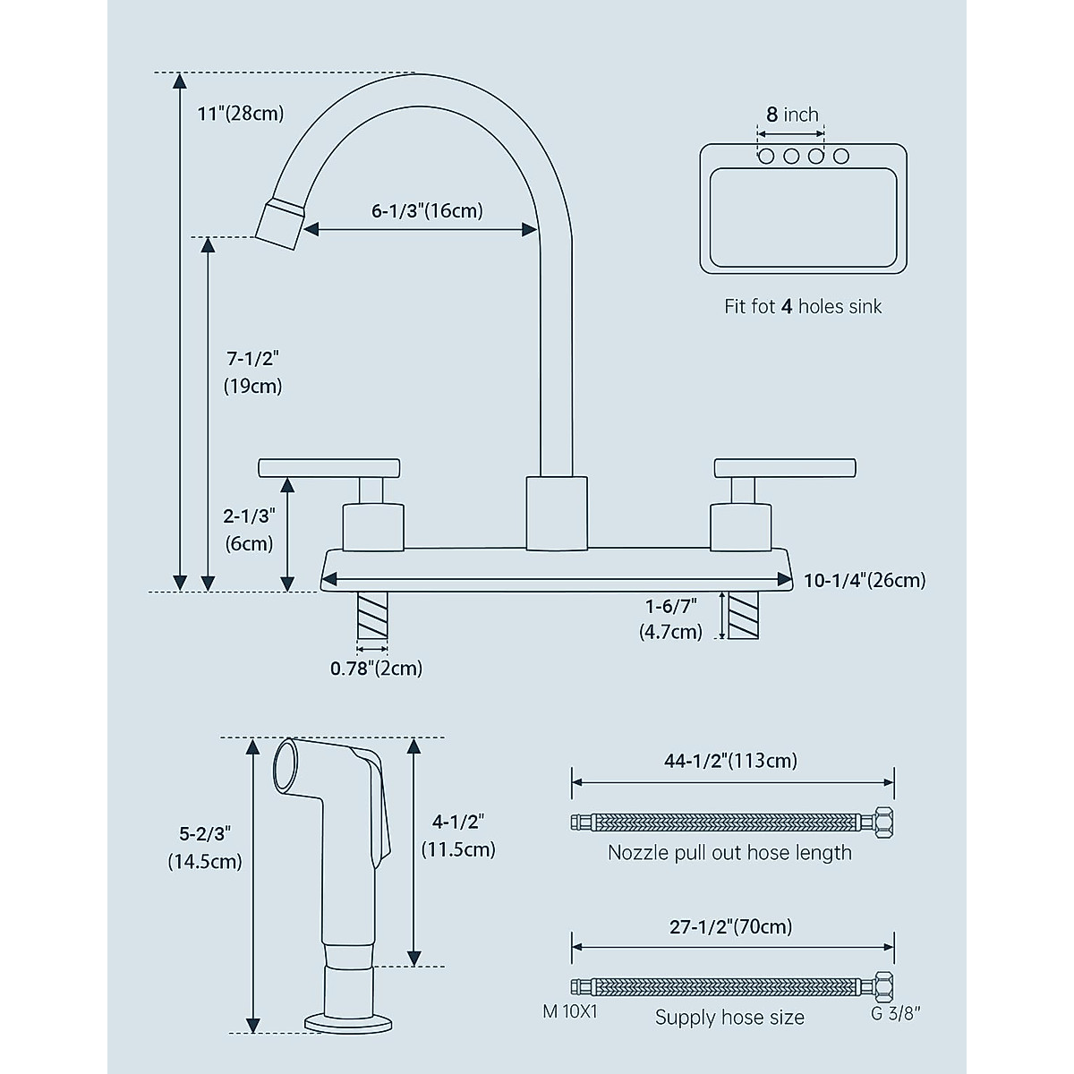 APPASO Kitchen Faucet with Side Sprayer, 2-Handle High Arch SUS304 Stainless Steel Brushed Nickel Kitchen Faucet with Pull-Out Side Spray for RV Laundry Utility Bar, 8-in 4-Hole Installation