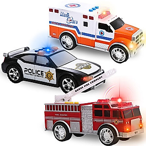 Liberty Imports 3-in-1 True Hero Emergency Rescue Vehicles Kids Toy Cars Playset - Ambulance, Fire Truck and Police Car with 3-Button LED Light and Sound Effects