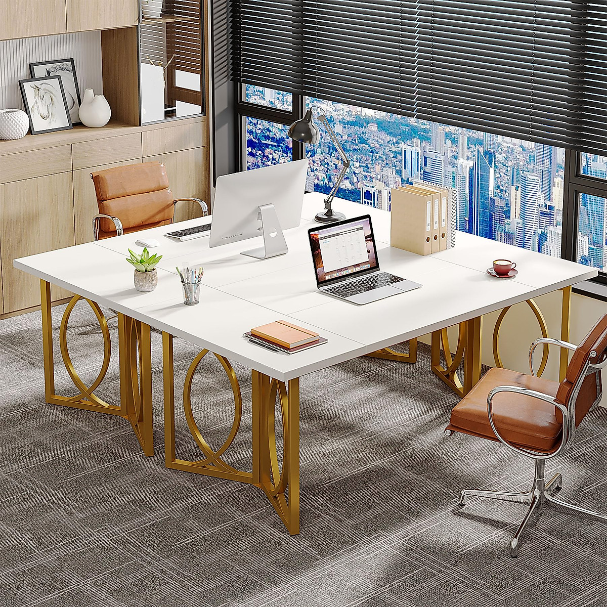 Tribesigns 70.9 inch Modern Simple Home Office Desk for Study, Large Computer Desk Office Desks Wood Study Writing Table Business Workstation with Golden Sturdy Metal Frame for Bedroom, White Gold