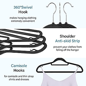 Premium Black Plastic Clothes Hangers Non Slip, Shoulder Grooveless Thin Plastic Hangers Space Saving for Closet, Heavy Duty Adult Coat Hangers Strong for Pants Scarf Suits Sweater Dresses (BLACK, 50)