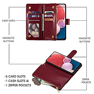 UEEBAI Wallet Case for Samsung Galaxy A13/A04s, PU Leather Magnetic Closure Handbag Zipper Pocket Case Kickstand Card Slots with Wrist Strap TPU Flip Cover for A13 5G/4G - Flower Wine Red