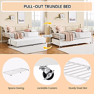 IDEALHOUSE Twin Daybed with Trundle, Metal Trundle Bed, Sofa Bed Frame, Heavy Duty Metal Slats, for Living Room, Bedroom, Guest Room, Space Saving, White