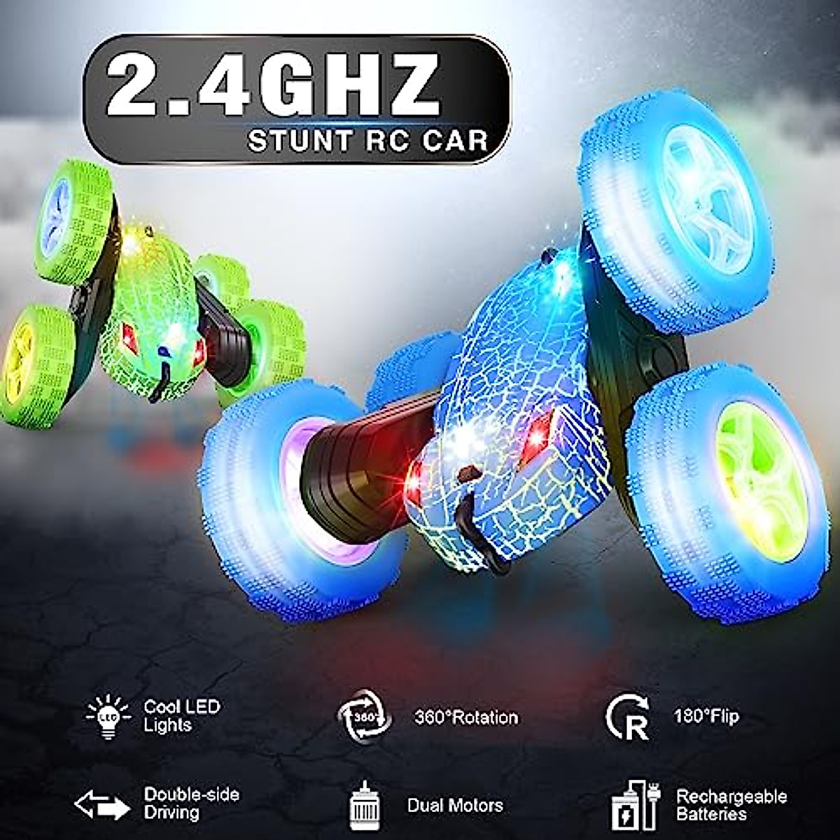 Remote Control Car, OrrenteRemote RC Cars with Headlights and Wheel Lights, 4WD 2.4Ghz Double Sided 360° Rotating RC Truck for 6 Year Old Boy Gifts Stunt RC Car Kids Xmas Toy Cars for Boys Girls(Blue)