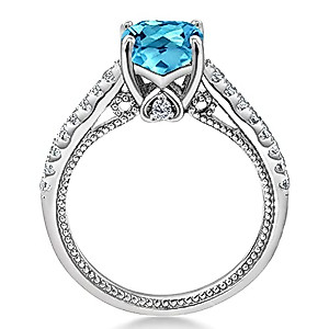 Gem Stone King 925 Sterling Silver Cushion 7MM Gemstone Birthstone and White Created Sapphire Engagement Ring | Wedding Engagement Anniversary Promise Ring For Women