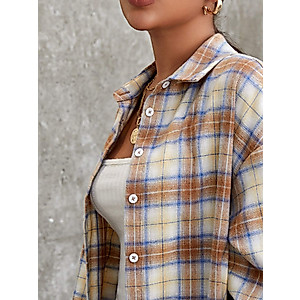 MakeMeChic Women's Plaid Shirts Oversized Flannels Shacket Jacket Multi Camel Large
