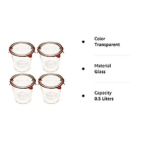 Weck Canning Jars 742-19.6 fl. oz Weck Mold Jars made of Transparent Glass - Eco-Friendly Canning Jar - Food Storage Containers with Lids Airtight - 1/2 Liter Jars Set - Pack of 4 Jars with Lids