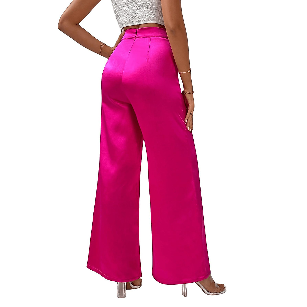 WDIRARA Women's Wide Leg High Waisted Zip Fly Flowy Loose Pants Elegant Party Pants Hot Pink S