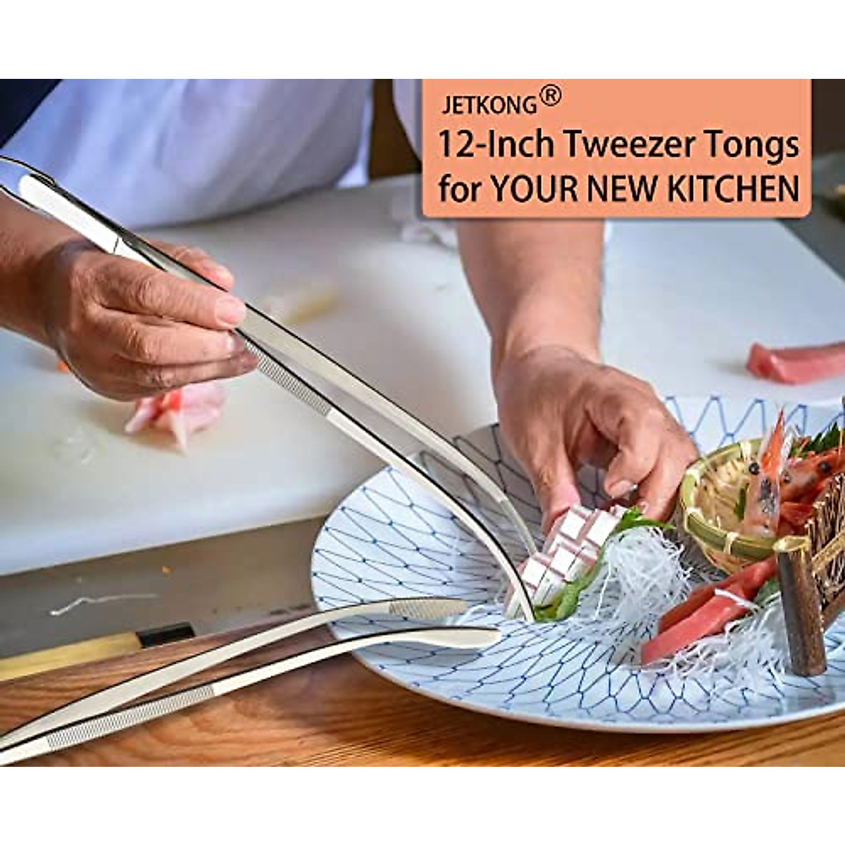 JETKONG 2 Pcs 12'' Curved Kitchen Tweezers Stainless Steel Long Tweezer Tongs Professional Chef Tweezers for Cooking, Grilling and BBQ (Silver)