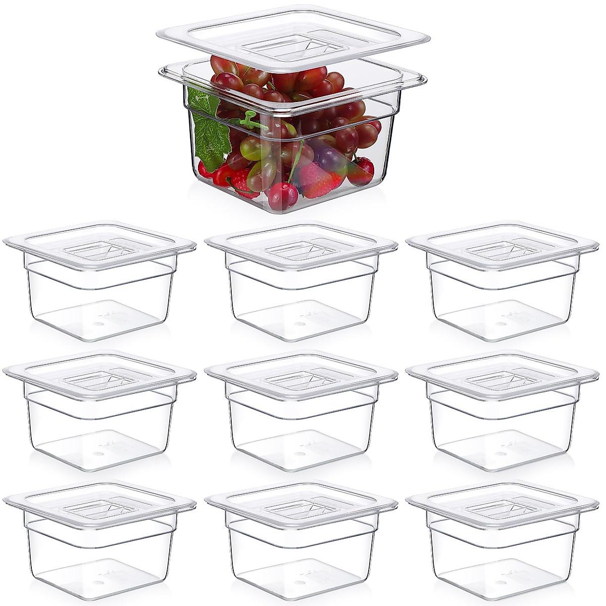 Sieral 10 Pcs Clear 1/6 Size Food Pan Restaurant Containers with Lids Square Cambro Storage Polycarbonate Salad Bar for Kitchen Food Prep (4 Inch,1.5 Quart)