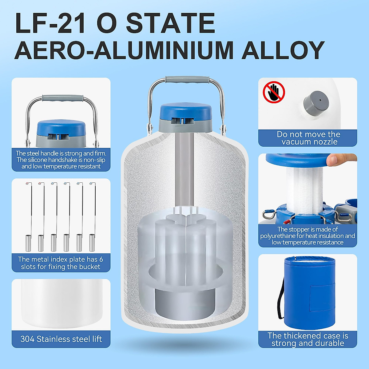 CXRCY 10L Aluminum Alloy Cryogenic Container Liquid Nitrogen (LN2) Dewar, Tank Dewar with 6 Canisters & Carry Bag, Durable, Lnsulation & Vacuum Design can Safely Store Liquid Nitrogen